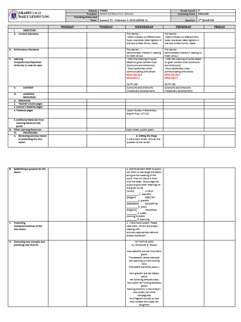 DLL - English 5 - Q3 - W1 | PDF