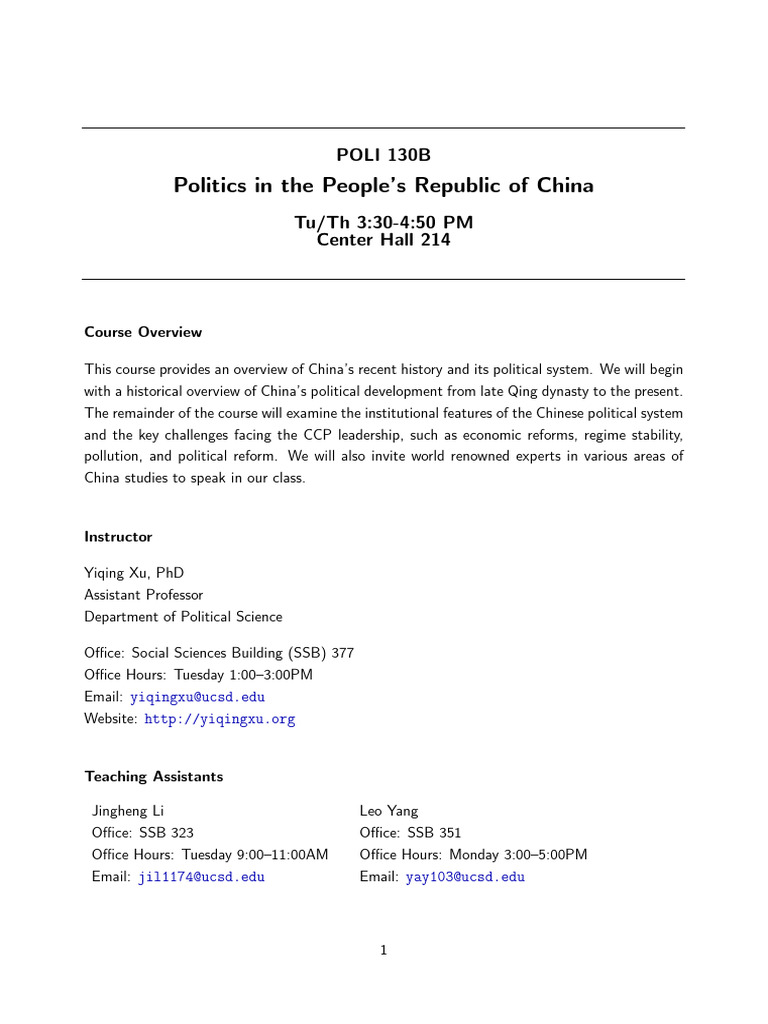 POLI 130B Politics in The People's Republic of China | Download Free PDF | China | World Politics