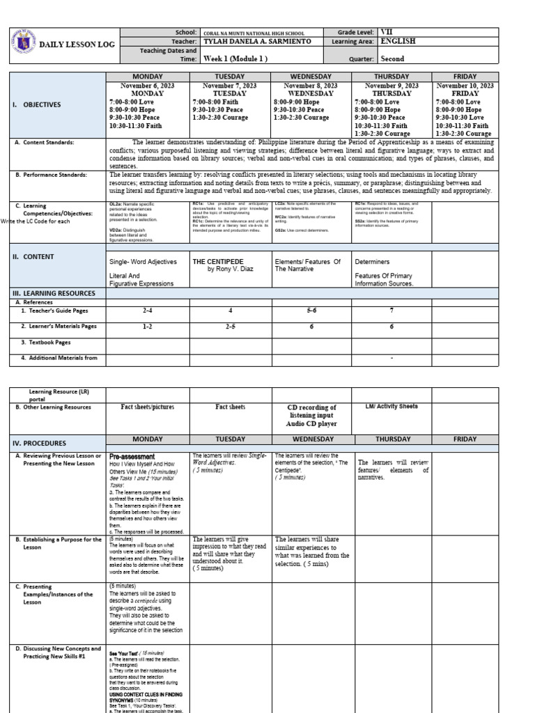 DLL - 2nd Quarter - wk1 | PDF | Learning | Narrative