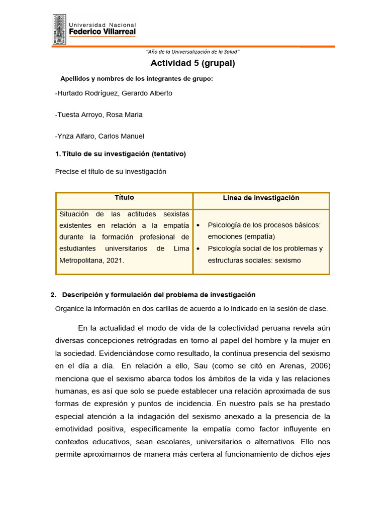 Taller L. Actividad 5 Grupal - Descripción y Formulación | PDF | Sexismo | Empatía