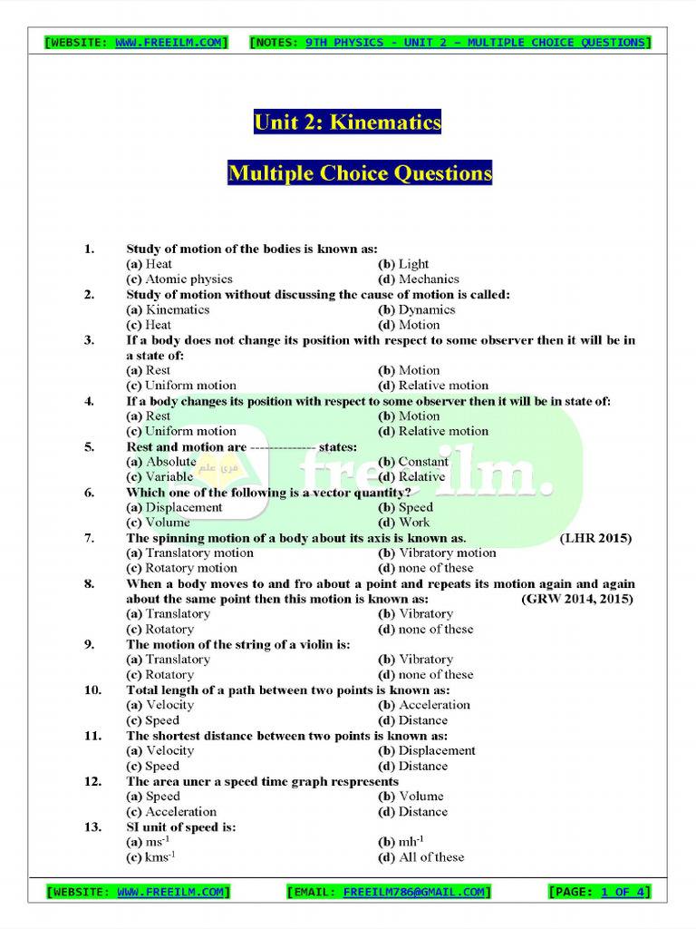 9th Phy CH 2 MCQs | PDF