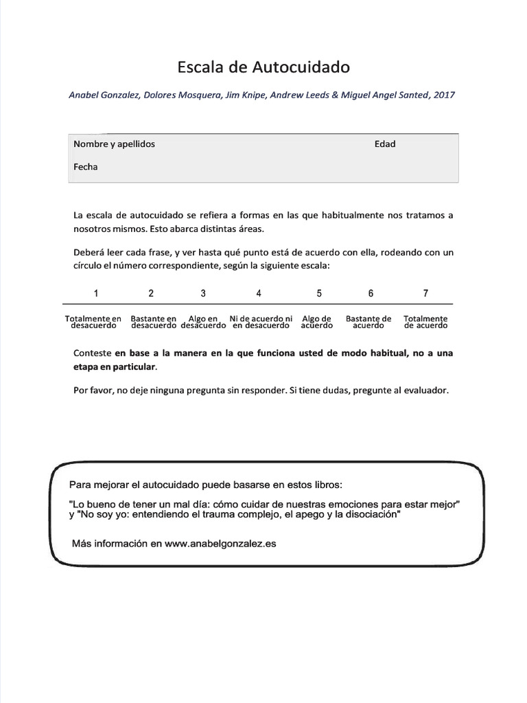 PDF Escala de Autocuidado Anabel Gonzalez - Compress | PDF | Sicología ...