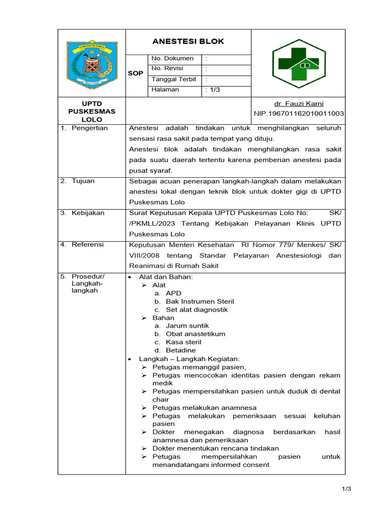 SOP Anastesi Blok | PDF