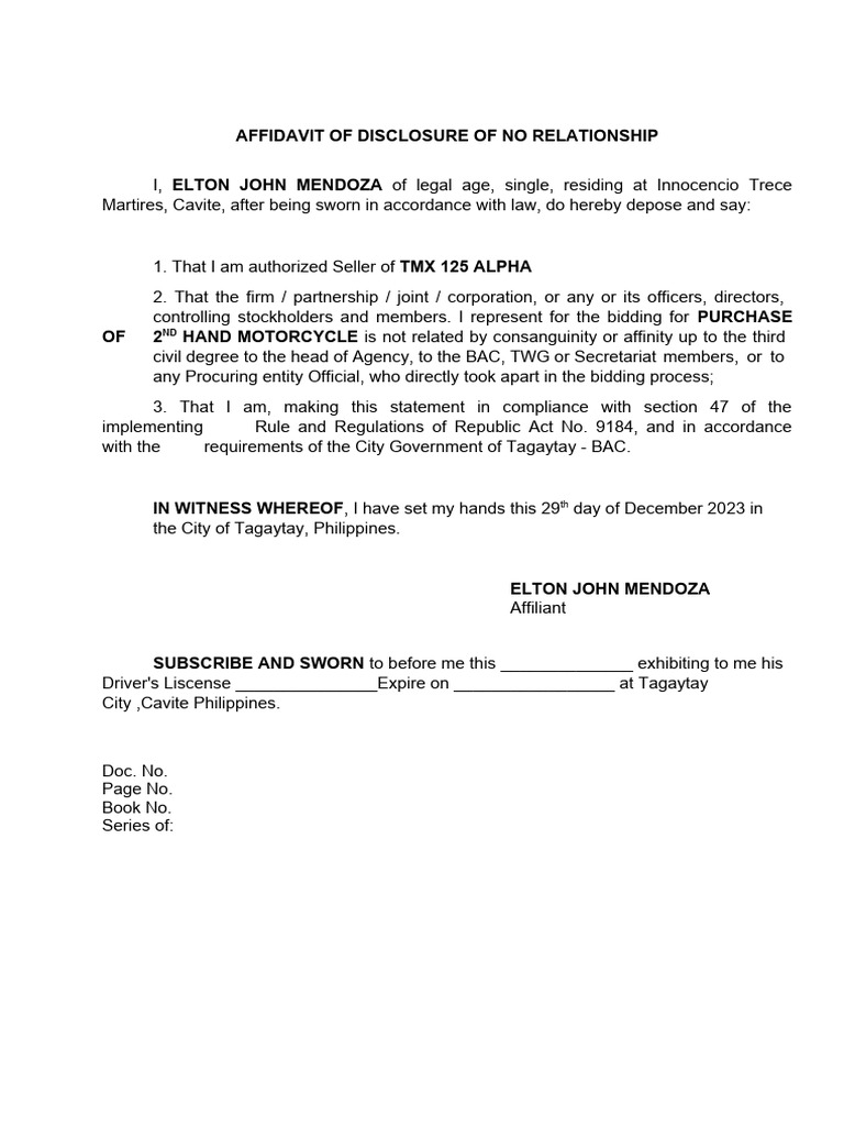 Affidavit of Disclosure of No Relationship | PDF