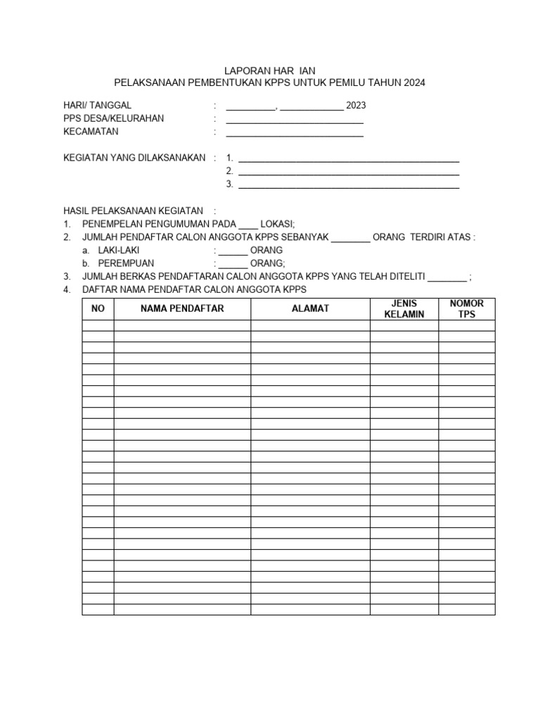 Format Laporan Harian Pembentukan KPPS | PDF