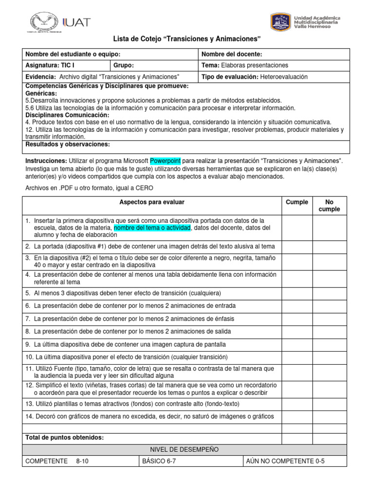 Lista de Cotejo-Transiciones y Animaciones | PDF | Animación ...