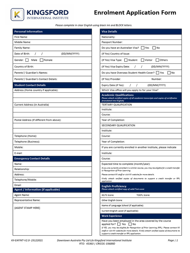 Kingsford Institute Enrolment Form | PDF | Travel Visa