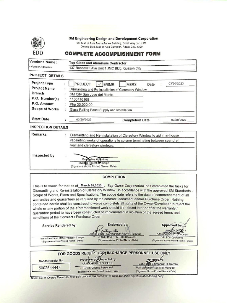 Approved CAF Dismantling and Re-installation of Clerestory Window ...
