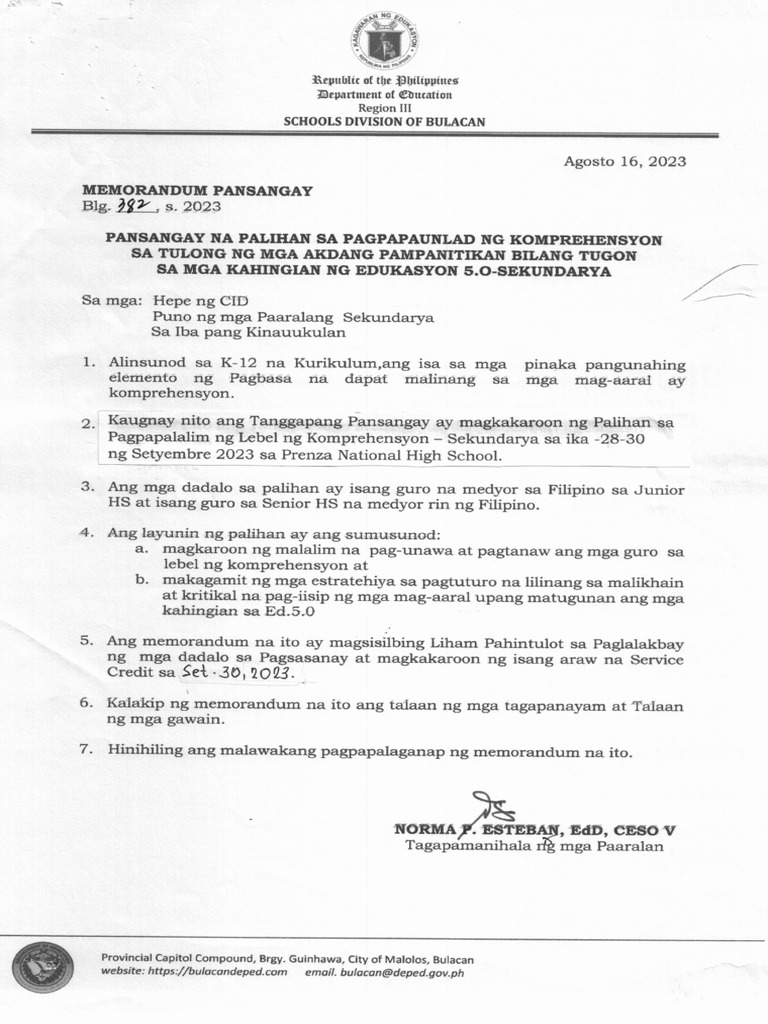 Division Memorandum No 382 S 2023 | PDF