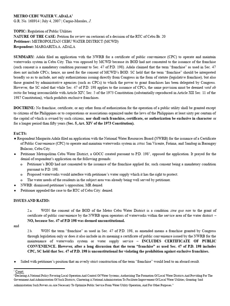 Metro Cebu Water v. Adala, G.R. No. 168914, July 4, 2007 (Supra) | PDF ...