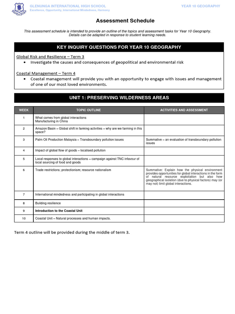 Year 10 Geography Assessment Schedule 2022 Semester Two | PDF