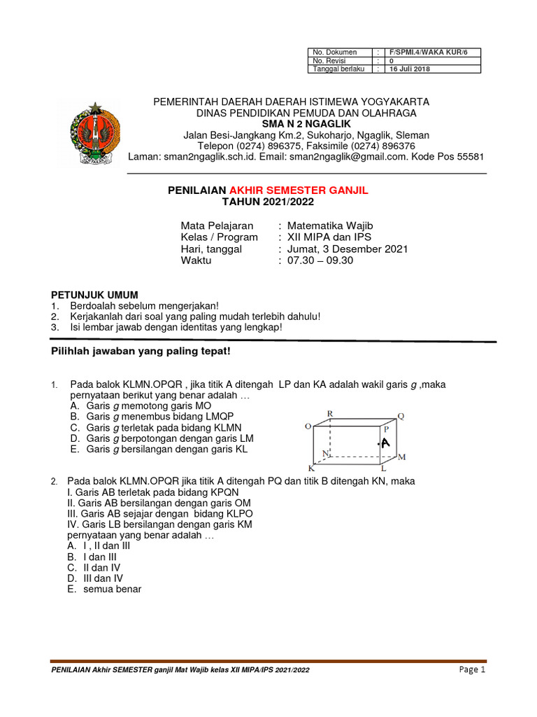 Soal Pas Mat Wajib Xii Des 21 | PDF