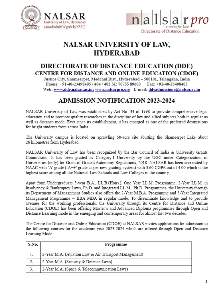 NALSAR Prospectus - Merged | PDF | Academic Degree | University And College Admission