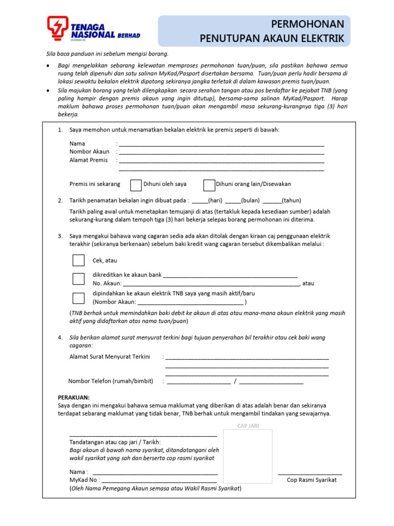 COA - Form TNB Permohonan Tutup Akaun | PDF | Pengelolaan Keuangan & Uang