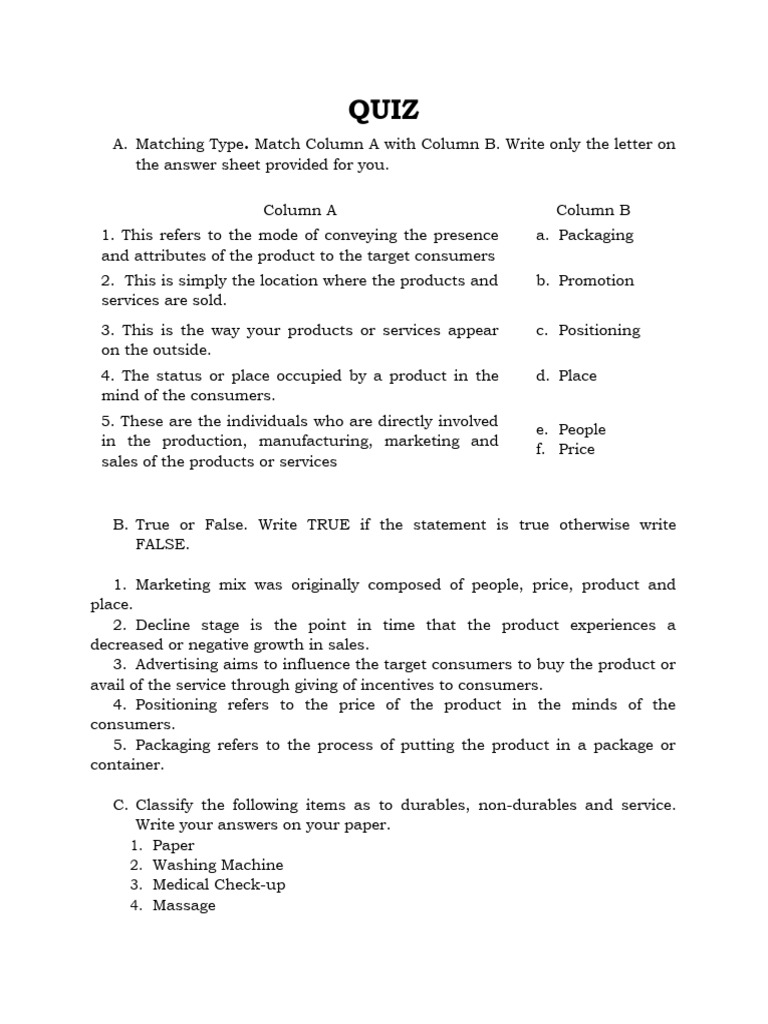 Marketing Mix Quiz | Download Free PDF | Marketing | Sales