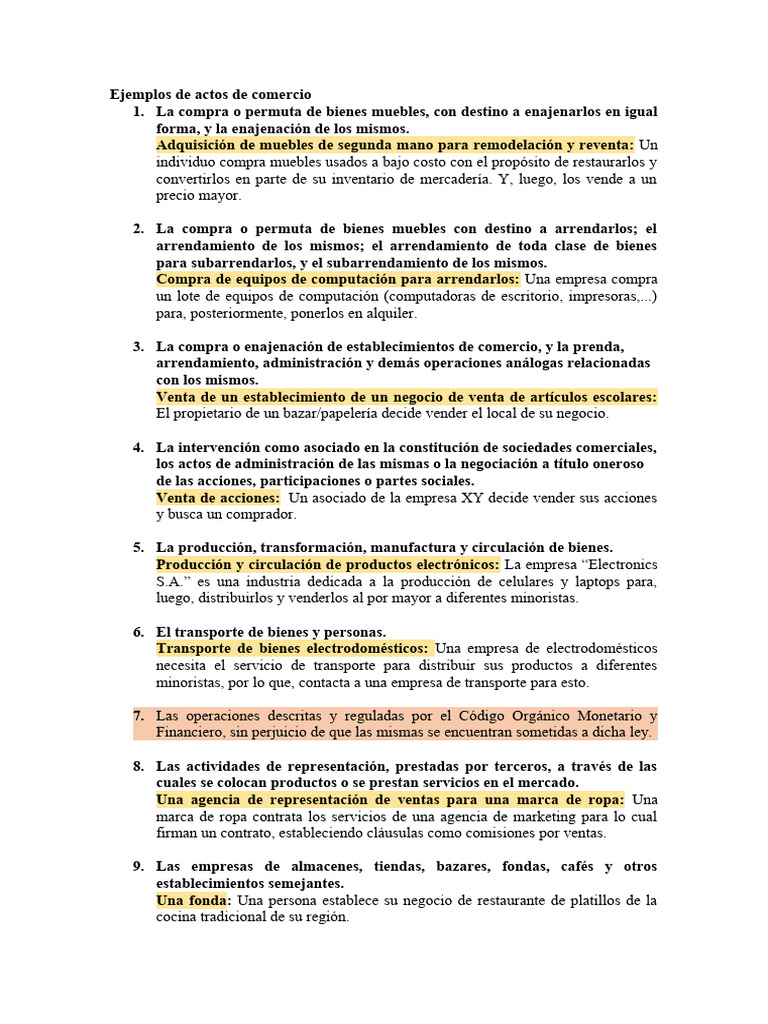Ejemplos de Actos de Comercio | PDF