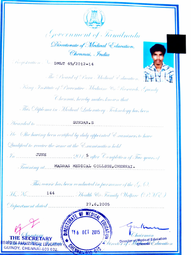 Sundar DMLT Certificate | PDF