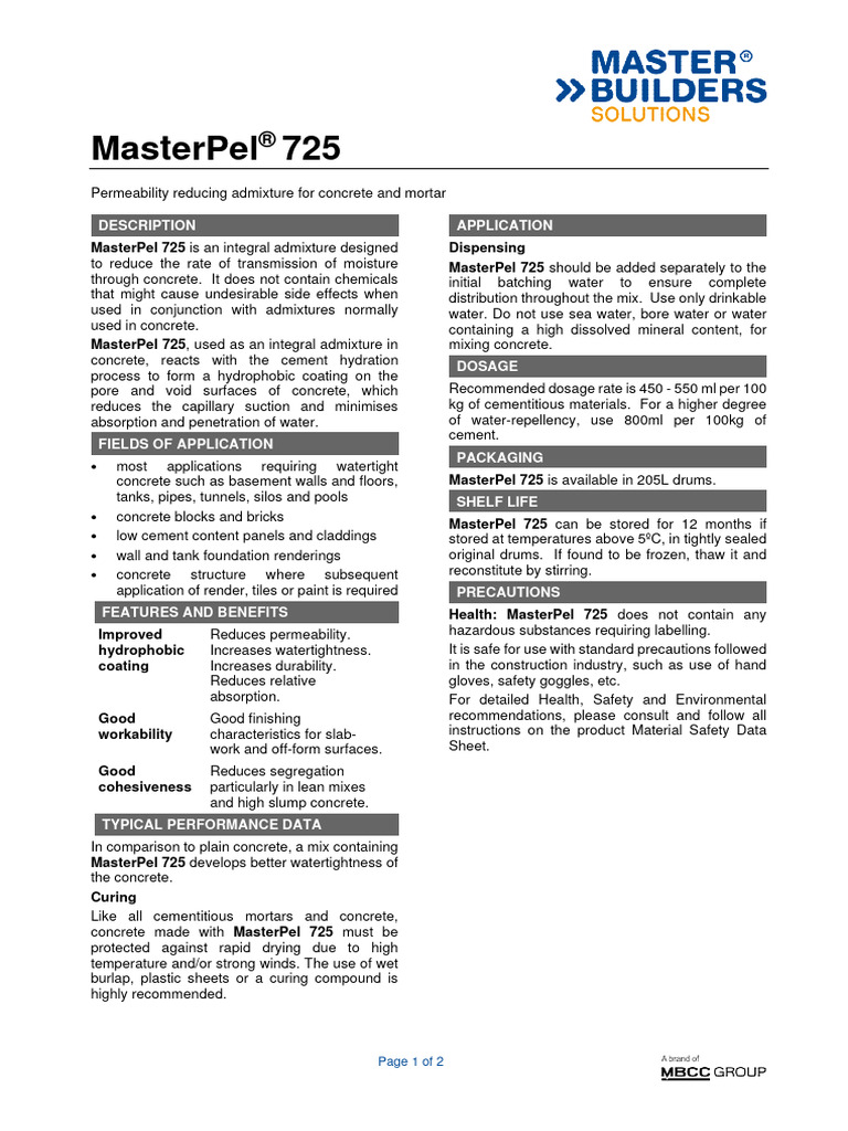 masterpel-725-tds | PDF | Concrete | Cement