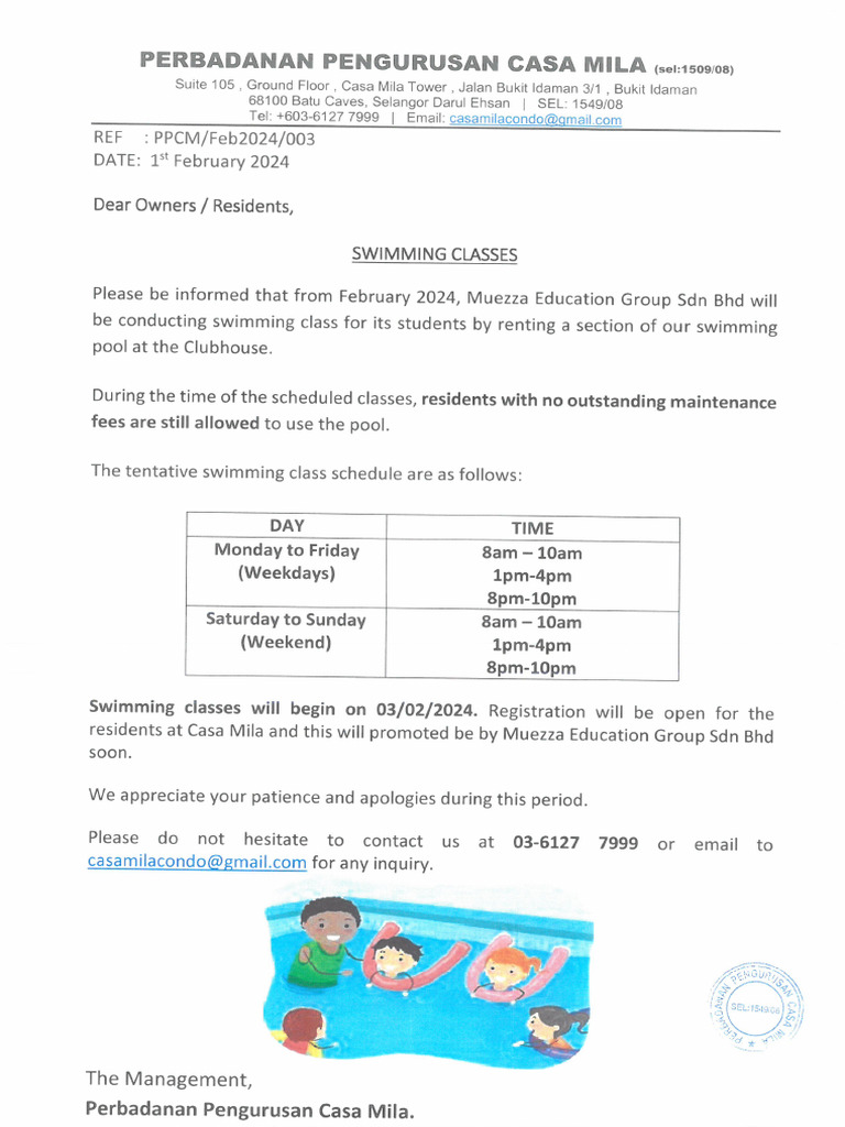 Notice Swimming Classes | PDF
