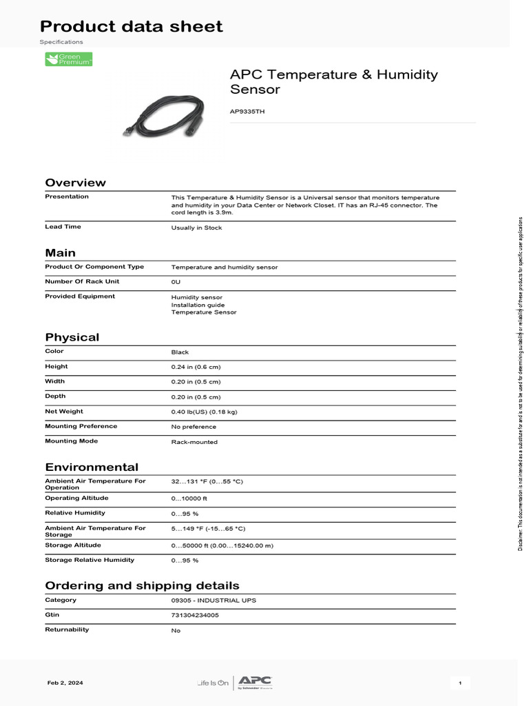 APC NetBotz-Sensors AP9335TH | PDF | Home & Garden | Science & Mathematics