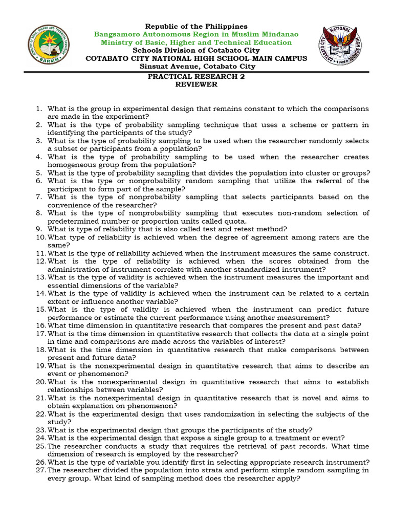Pr2 2nd Quarter Reviewer | PDF | Sampling (Statistics) | Validity (Statistics)