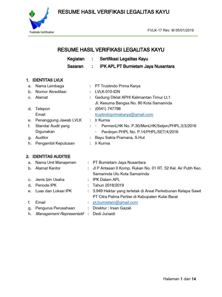 Resume Hasil Sertifikasi Legalitas Kayu IPK APL PT Bumietam Jaya ...