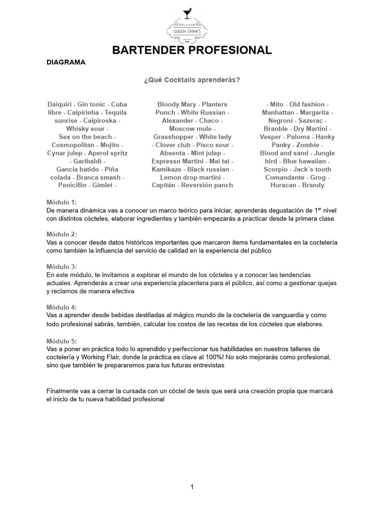 Bartender Profesional - Queen Drinks | PDF