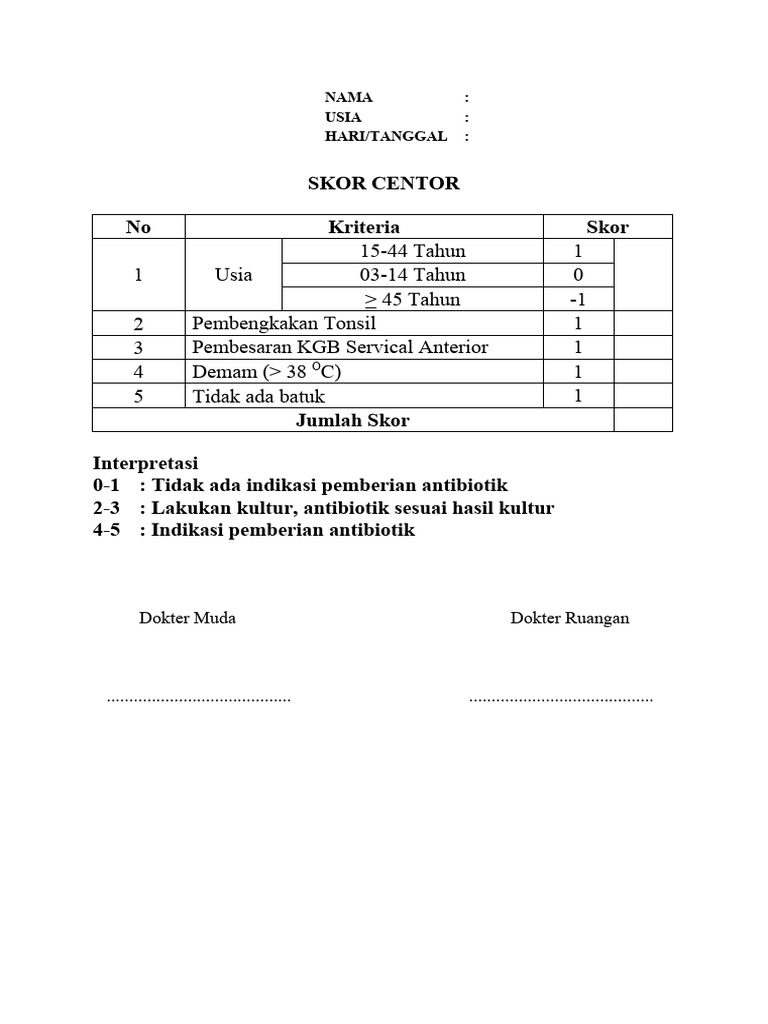 Interpretasi Skor Centor untuk Tonsilitis | PDF