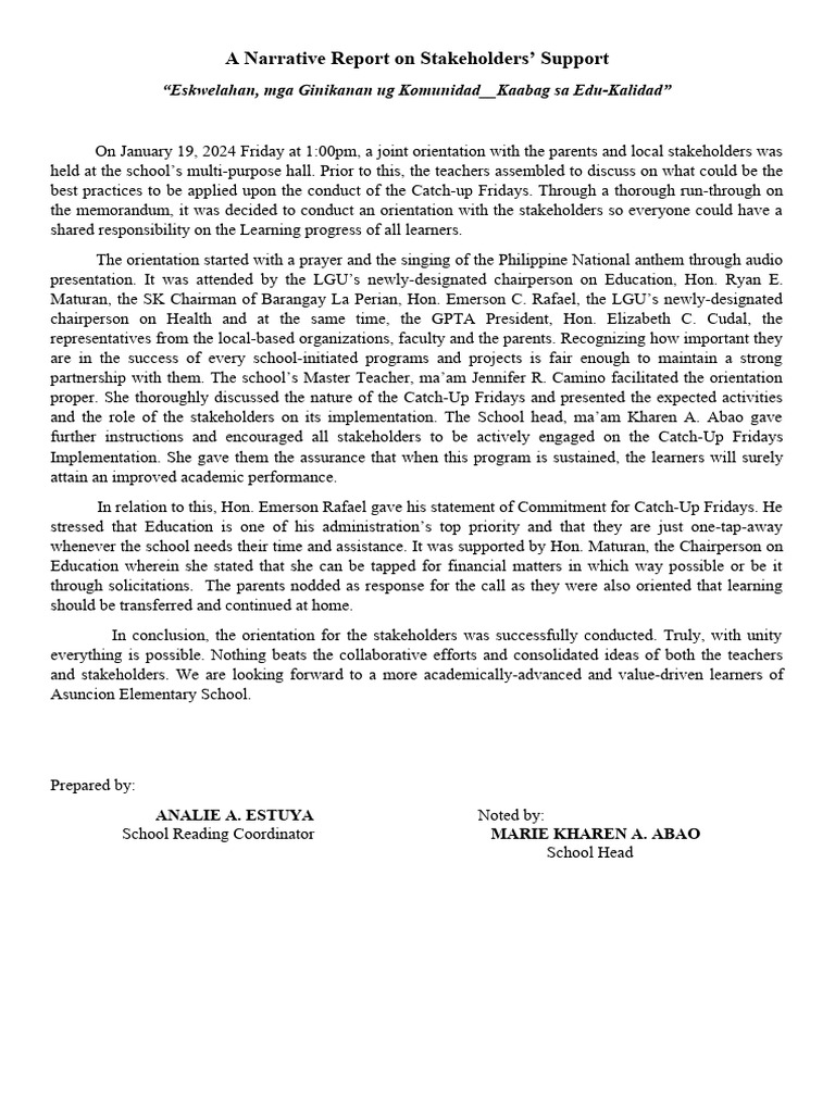 A Narrative Report On Stakeholders | PDF | Learning | Behavior Modification