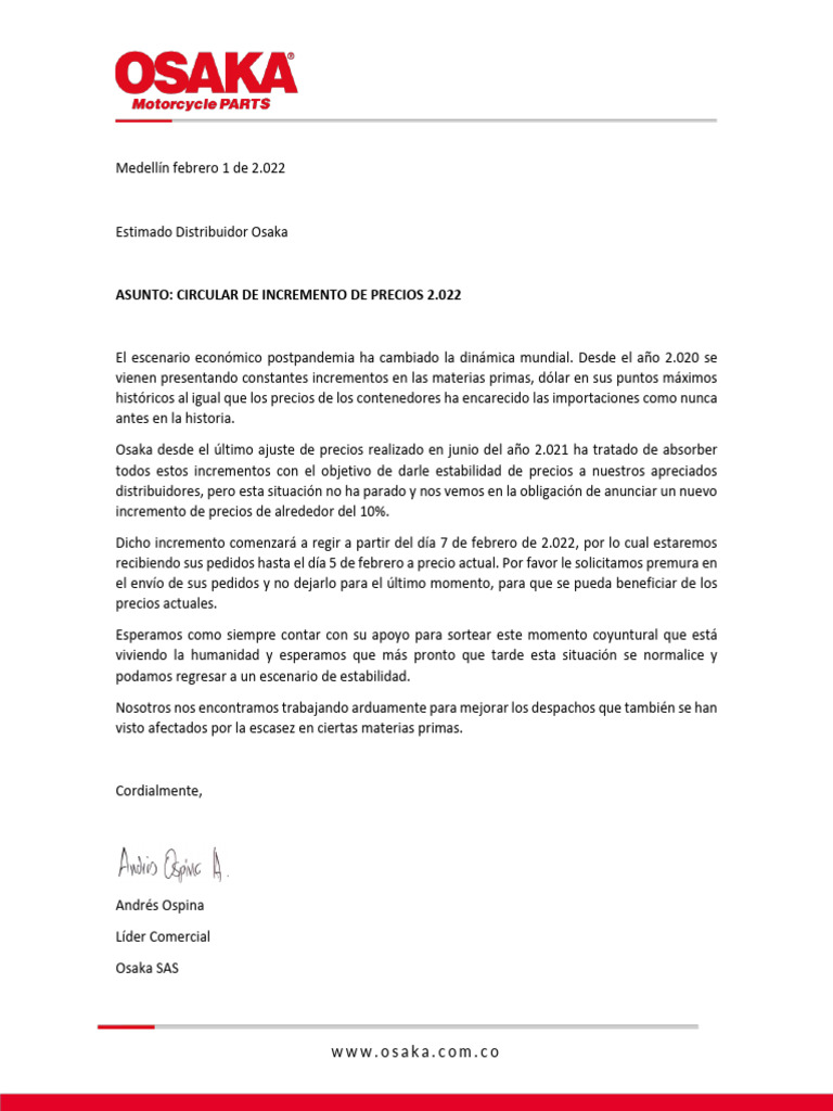 Circular de Incremento de Precios | PDF