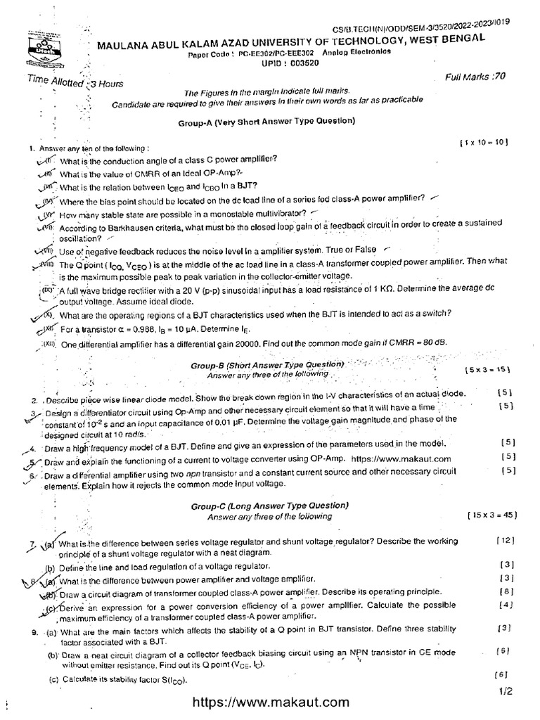 Btech PC Ee Eee 3 Sem Analog Electronics PC Ee302 2023 | PDF