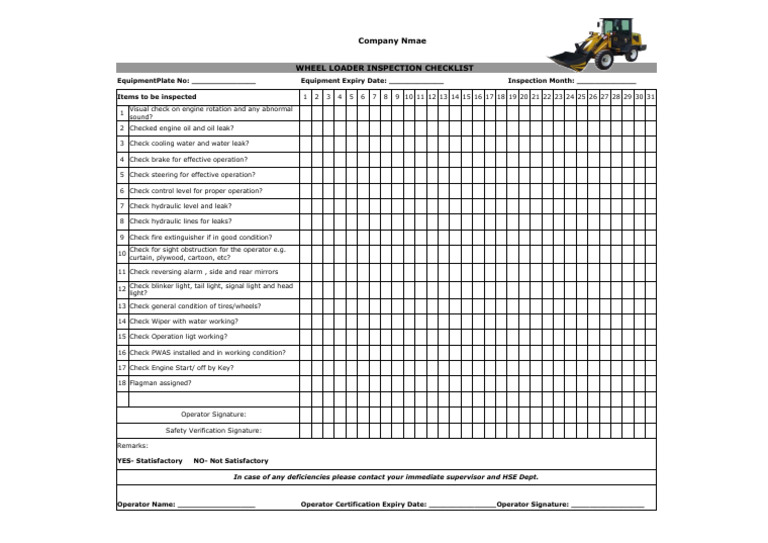 Wheel Loader Daily Checklist | PDF | Business