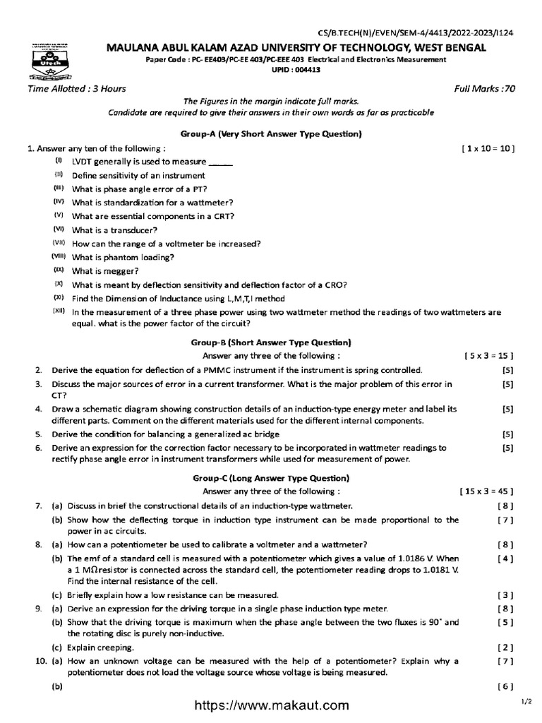Btech PC Ee Eee 4 Sem Electrical and Electronics Measurement PC Ee403 2023 | PDF