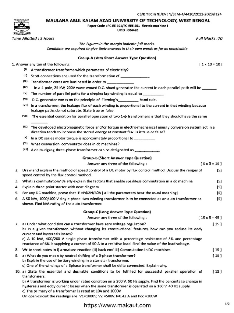 Btech PC Ee Eee 4 Sem Electric Machine 1 PC Ee 401 2023 | PDF