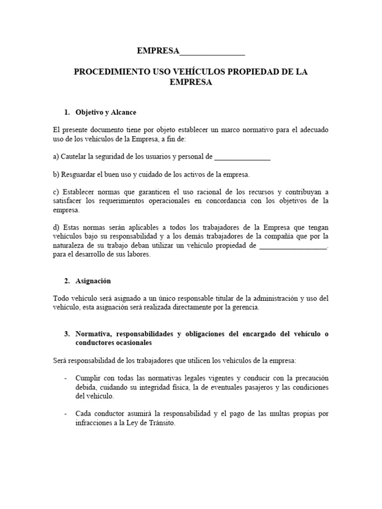 Procedimiento Uso Vehiculos Propiedad de La Empresa | PDF