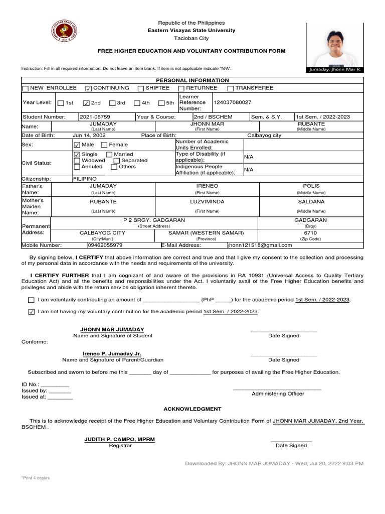 Free Education Form For 2021-06759 SEM 1 SY 2022-2023 | PDF
