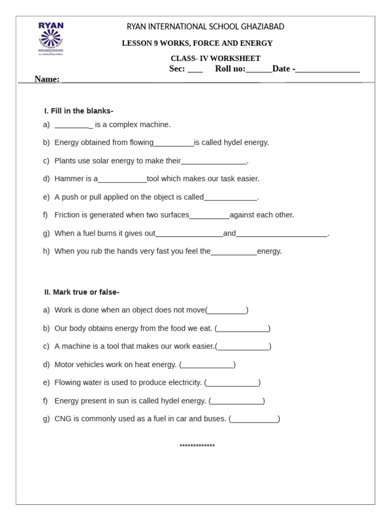 Class 4 FORCE - WORK AND ENERGY WORKSHEET 2 - Ic754937 | PDF