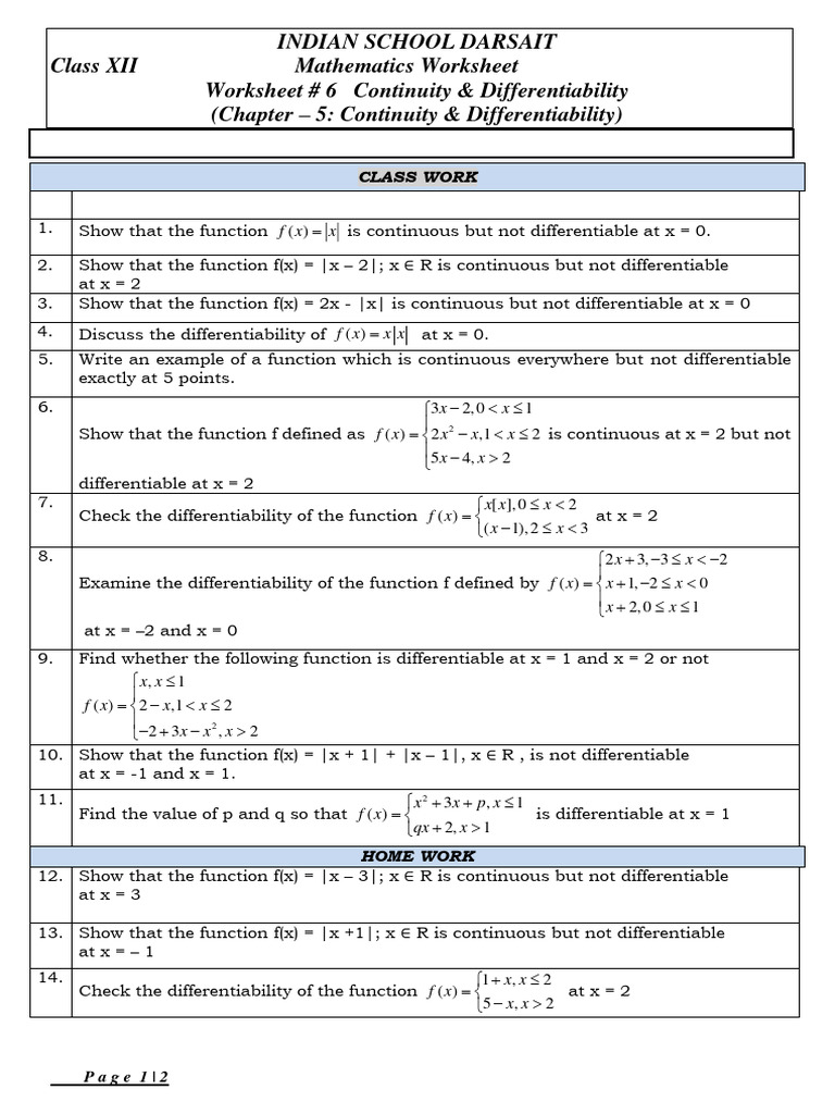 Worksheet 6 Continuity Differentiability | PDF | Function (Mathematics ...