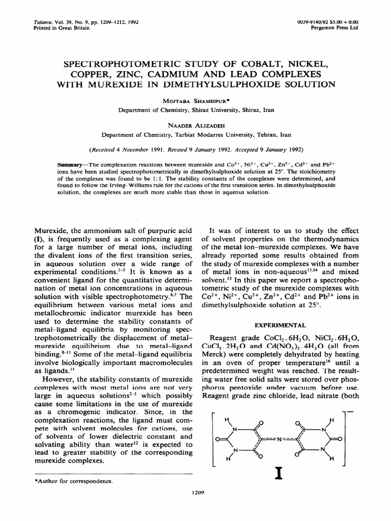 Spectrophotometric Study of Cobalt, Nickel, Copper, Zinc, Cadmium and ...