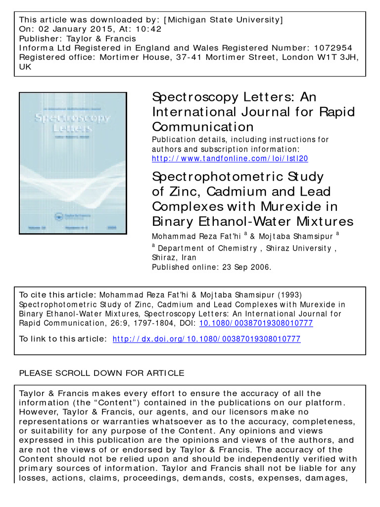 Spectrophotometric Study of Zinc, Cadmium and Lead Complexes With Murexide in Binary Ethanol ...