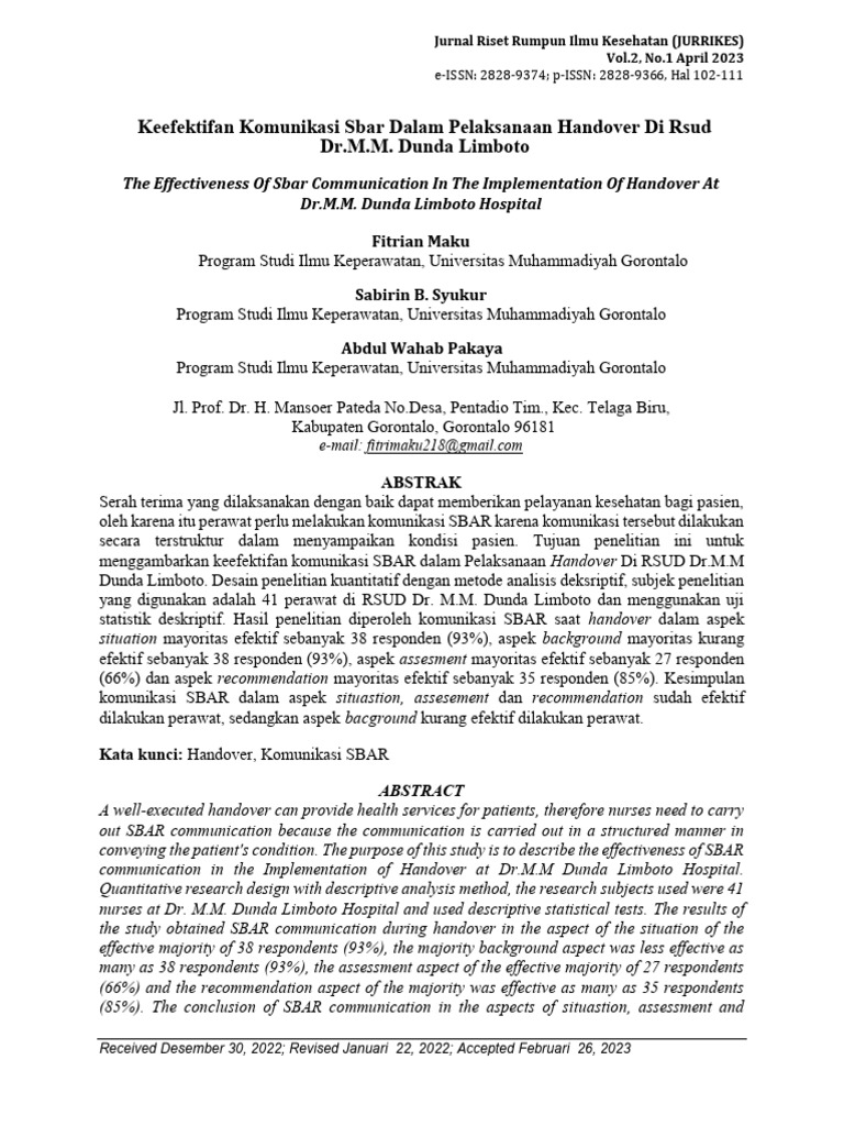 Keefektifan Komunikasi Sbar Dalam Pelaksanaan Handover Di Rsud Dr.M.M. Dunda Limboto 2023 | PDF
