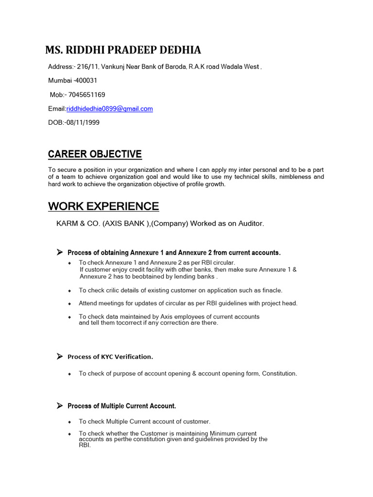 Riddhi Dedhia Resume | PDF | Reserve Bank Of India | Banks