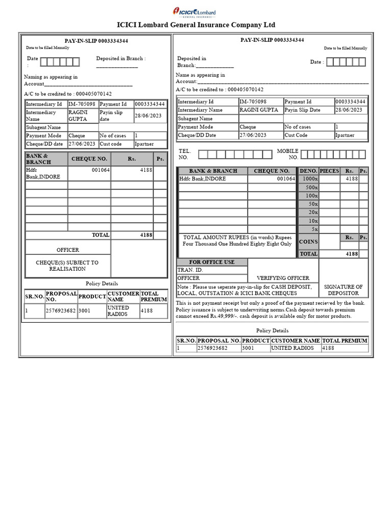 Payin Slip | PDF | Payments | Cheque