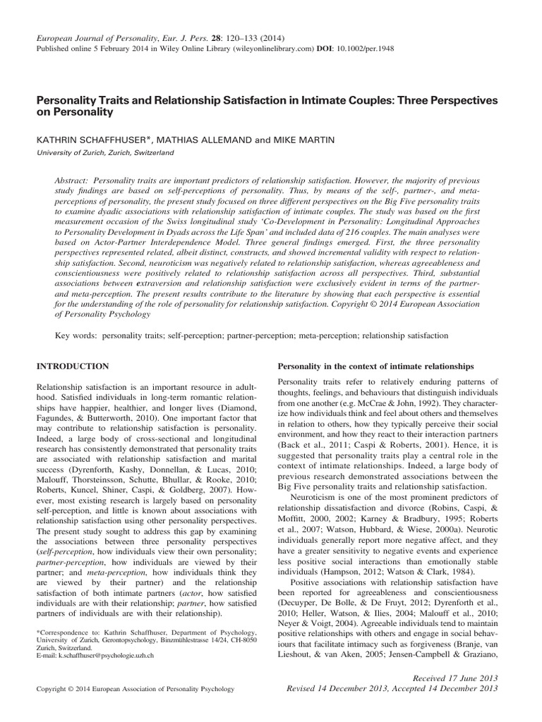 Personality Traits and Relationship Satisfaction in Intimate Couples Three Perspectives | PDF ...