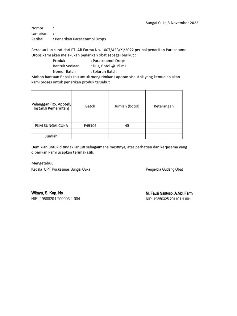 Surat Penarikan PCT Drops Afi Farma | PDF