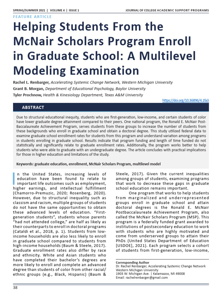 FA3Helping Students From The McNair Scholars Program Enroll in Graduate School - A Multilevel ...