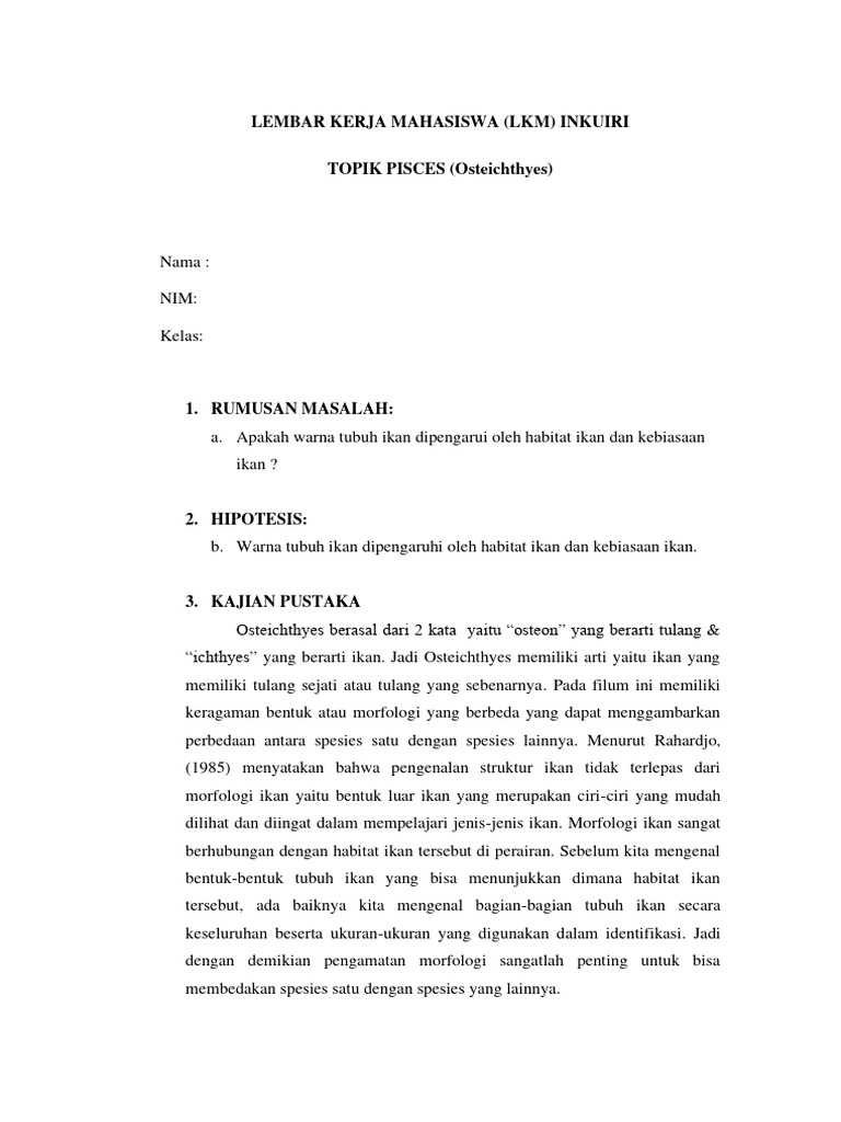 Contoh LKM Inkuiri OSTEICHTHYES | PDF | Sains & Matematika