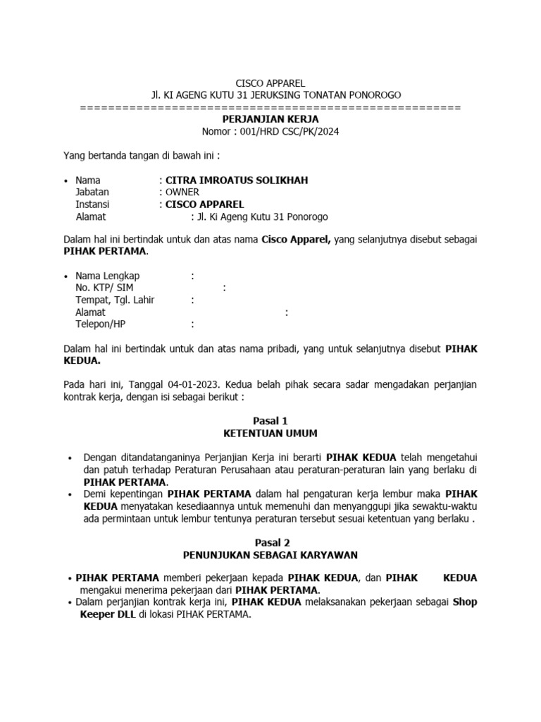 Contoh Surat Perjanjian Kerja Waktu Tertentu 1 | PDF