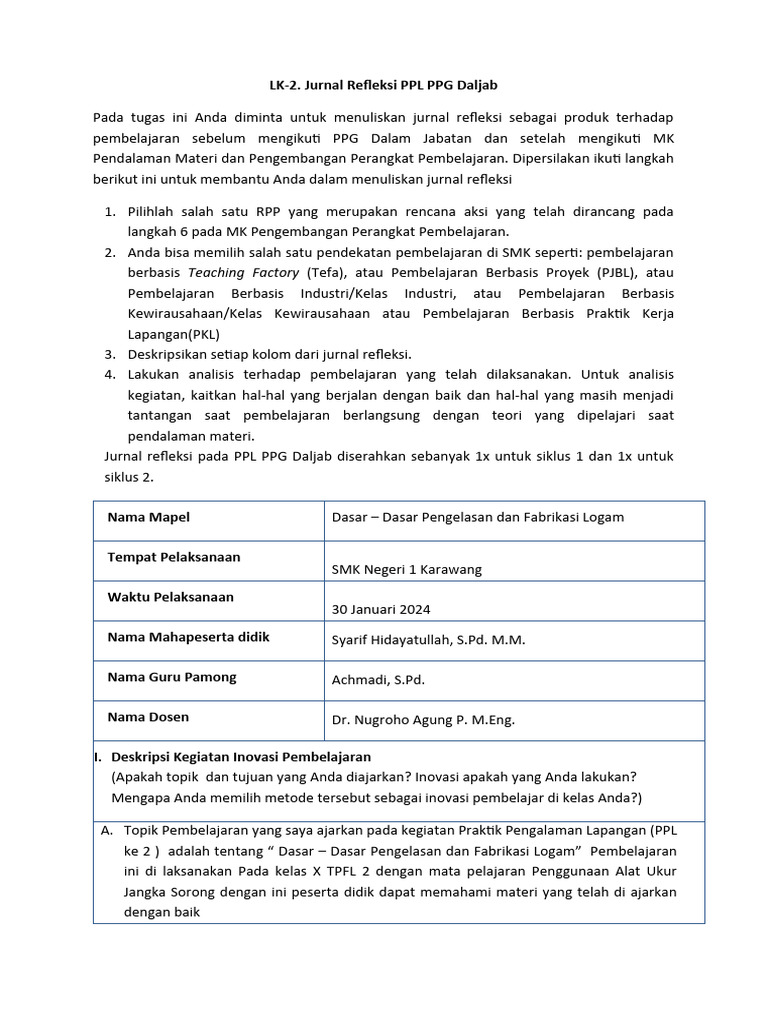 Jurnal Produk Bahan Refleksi-Smk PPL 2 | PDF
