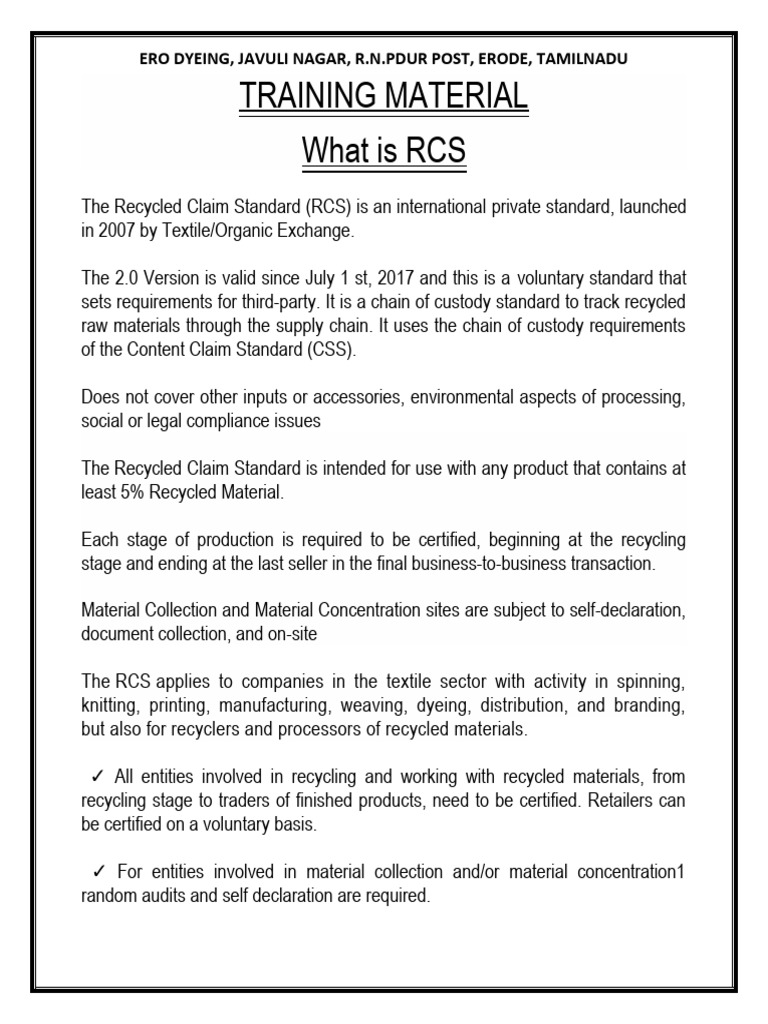 RCS Training Materials | PDF | Textiles | Recycling